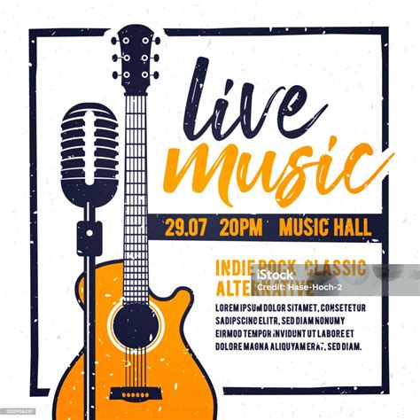복고풍 스타일의 오렌지 기타와 라이브 음악 축제에 대한 벡터 일러스트 배너 또는 포스터 어쿠스틱 기타에 대한 스톡 벡터 아트 및