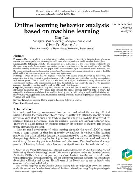 Pdf Online Learning Behavior Analysis Based On Machine Learning