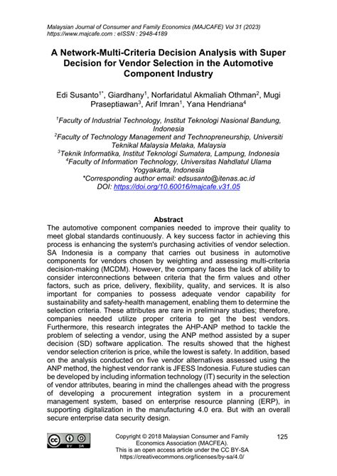 Pdf A Network Multi Criteria Decision Analysis With Super Decision For Vendor Selection In The