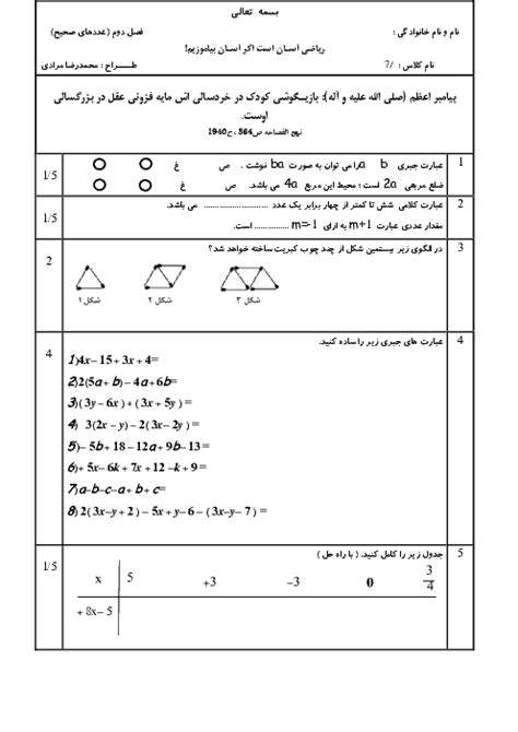 نمونه سوالات فصل سوم ریاضی هفتم جبر و معادله گاما