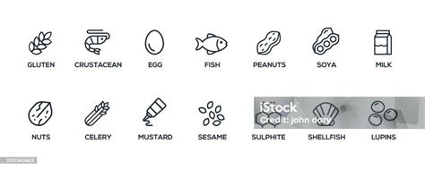 간단한 고립 된 벡터 로고 세트 배지 성분 경고 라벨 흑인과 백인 알레르겐 아이콘 음식 과민증 영어로 신고해야 하는 14가지 알레르기 유발 물질 꽃가루에 대한 스톡 벡터