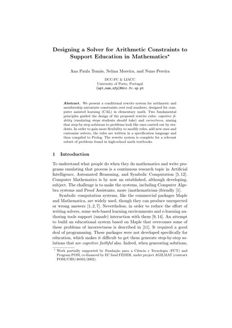 Pdf Designing A Solver For Arithmetic Constraints To Support Education In Mathematics