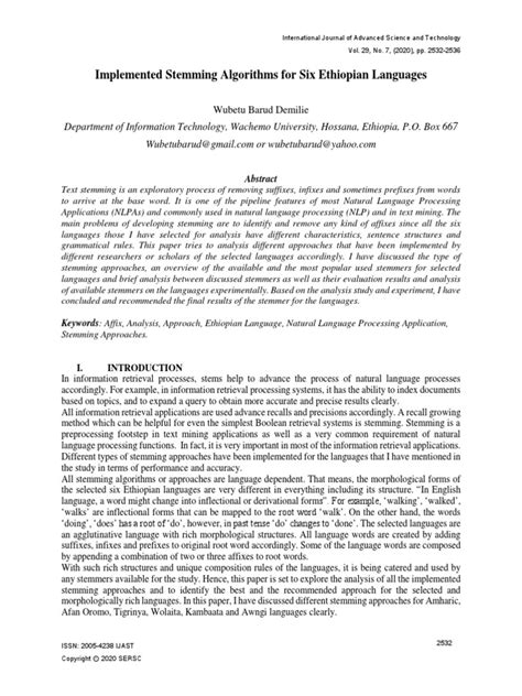 Implemented Stemming Algorithms For Six Ethiopian Languages Pdf Morphology Linguistics