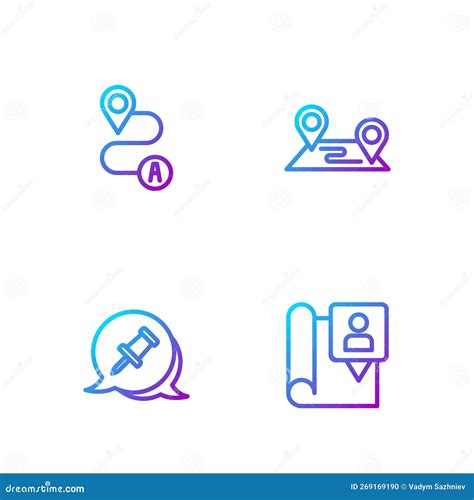 Set Line Folded Map With Location Marker Push Pin Route And Gradient Color Icons Vector