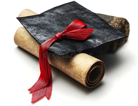 Graduation Cap On Scroll With Red Tassel University Degree Completion Diploma Academic