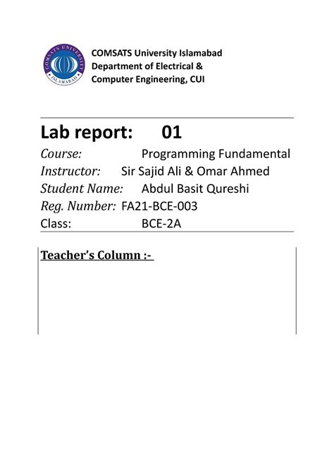 Lab Report 1 Lab Report 01 Course Programming Fundamental