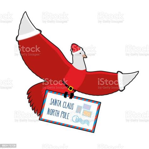 크리스마스 비둘기 산타 클로스에 게 메일을 전달합니다 산타 모자와 붉은 양복에 우편 비둘기입니다 어린이 편지 게시물 크리스마스와 새 해 그림 0명에 대한 스톡 벡터 아트 및