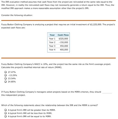 Solved The Net Present Value Npv And Internal Rate Of