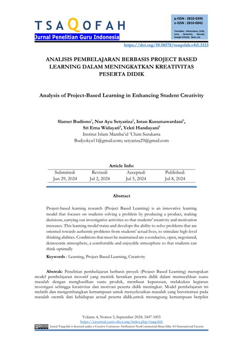 PDF Analisis Pembelajaran Berbasis Project Based Learning Dalam Meningkatkan Kreativitas