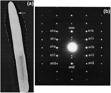 a dark field tem image of a single zno nanotip the arrow points to a