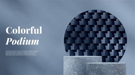 원형 배경이 있는 풍경의 파란색 테라조 텍스처 연단의 3d 렌더링 템플릿 모형 프리미엄 Psd 파일