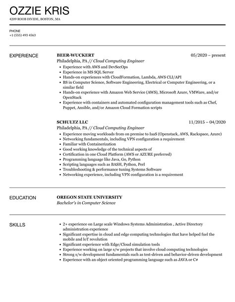 Cloud Computing Engineer Resume Samples Velvet Jobs