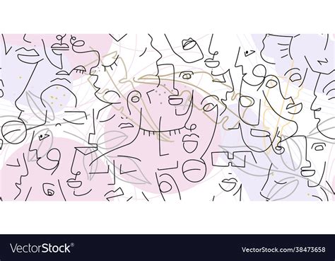 One Line Drawing Abstract Face Seamless Pattern Vector Image