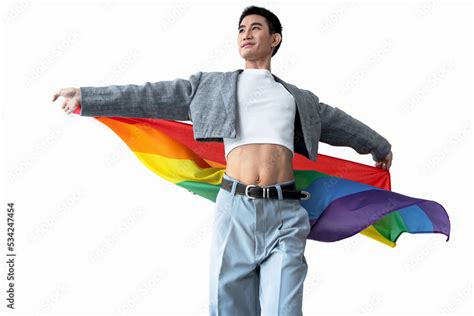 Lgbtq Guy Waving Pride Flag With Proud Face On Over White Background