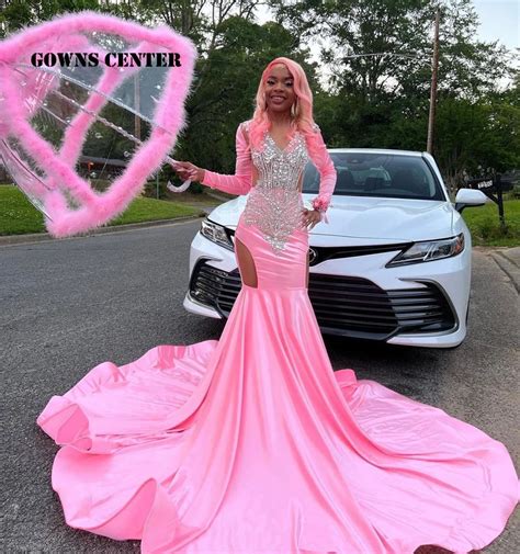 Sexy Pink Long Sleeve Prom Dresses For Black Girls Silver Crystal