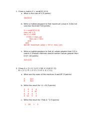 MATLAB Sample Exam And Solution Docx Given A Matrix X Rand A What Is The Size Of