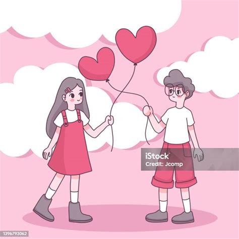 사랑에 빠진 큰 고립 된 커플 행복한 어린 소녀와 사랑에 빠진 소년 발렌타인 데이 컨셉 플랫 벡터 일러스트 레이 션 만화 스타일 공휴일에 대한 스톡 벡터 아트 및 기타