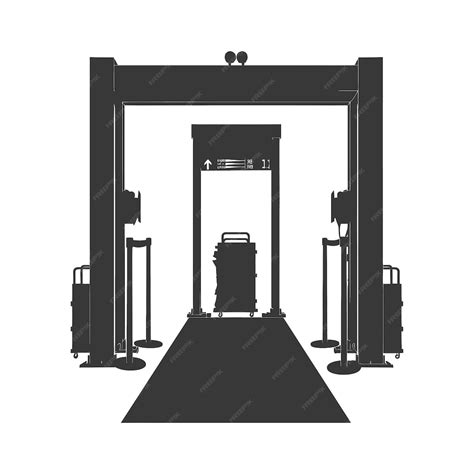 스레이 수하물 스캐너와 금속 탐지기 게이트가 있는 실루 공항 보안 검문소 프리미엄 벡터