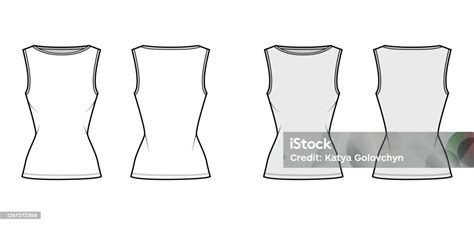 슬림핏 와이드 보트 네크라인 롱지 밑단 민소매 셔츠가 돋진 코튼 저지 탱크 테크니컬 패션 일러스트 0명에 대한 스톡 벡터 아트