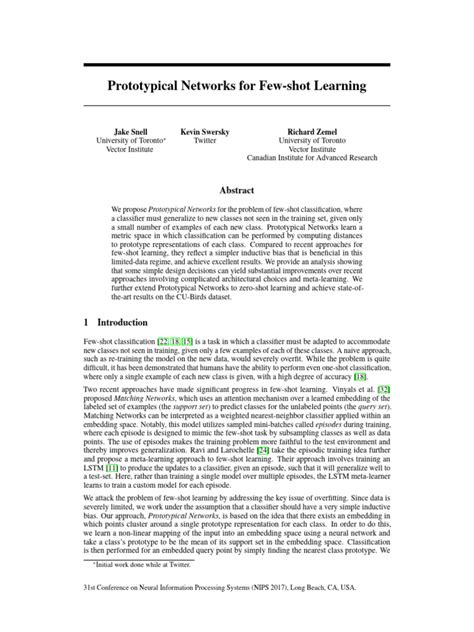 Nips 2017 Prototypical Networks For Few Shot Learning Paper Pdf Statistical Classification