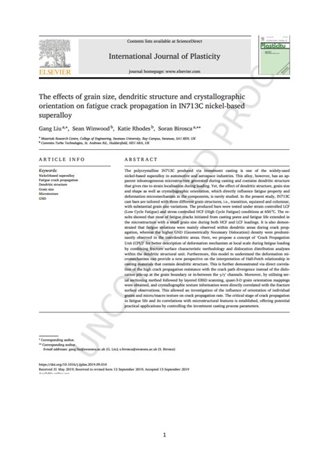Pdf The Effects Of Grain Size Dendritic Structure And Crystallographic Orientation On Fatigue