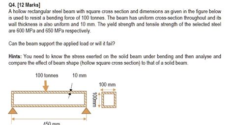 Q4 [12 Marks] A Hollow Rectangular Steel Beam With Square Cross Section And Dimensions As Given