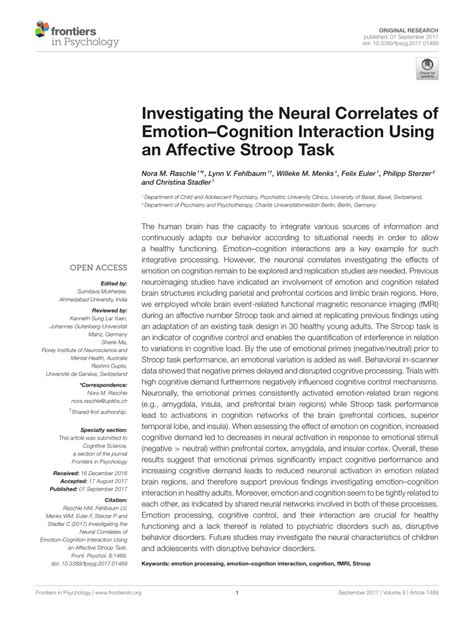 Pdf Investigating The Neural Correlates Of Emotioncognition Interaction Using An Affective