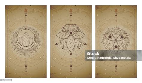 기하학적 기호와 프레임 세 빈티지 배경의 벡터 세트입니다 추상기하학적 기호와 선으로 그려진 신성한 신비한 표지판