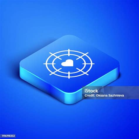 다트 의 중심에 있는 등각칭 하트는 파란색 배경에 고립된 목표 조준 아이콘입니다 발렌타인 파란색 사각형 버튼입니다 벡터 일러스트레이션 감정에 대한 스톡 벡터 아트 및 기타