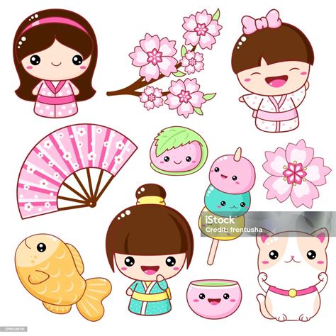 Ilustración De Conjunto De Iconos Lindos En Estilo Kawaii Y Más