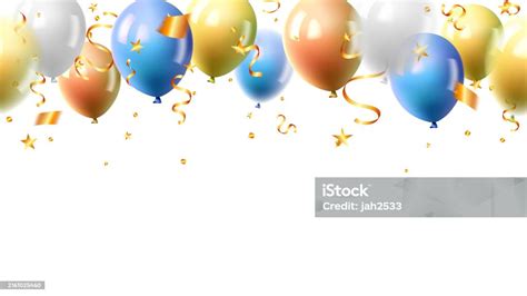 배너 다채로운 헬륨 풍선 및 금색 별 색종이 축하 휴일 인사말 카드 고무에 대한 스톡 벡터 아트 및 기타 이미지 고무 공중 공휴일 Istock