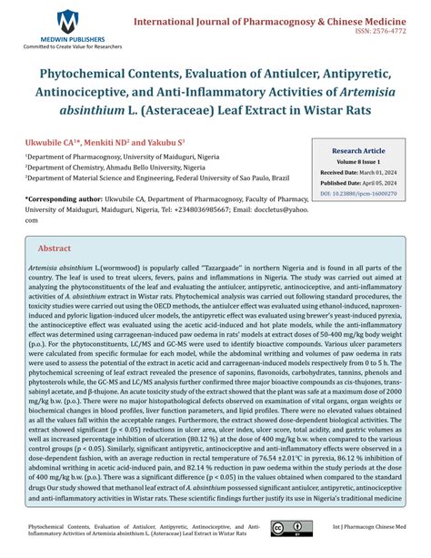 Pdf Phytochemical Contents Evaluation Of Antiulcer Antipyretic Antinociceptive And Anti