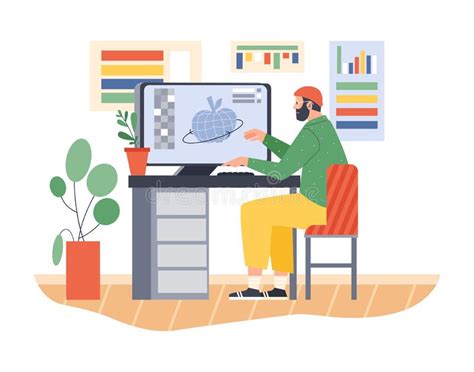Man Designer Character Making 3d Object On Computer Flat Style Stock