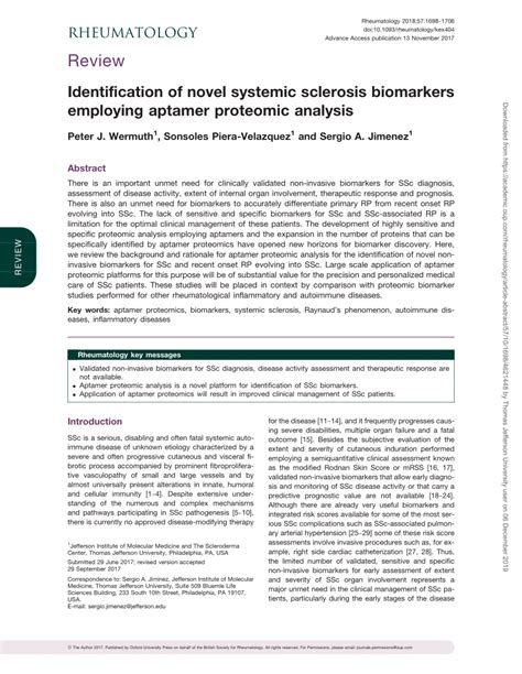 Pdf Identification Of Novel Systemic Sclerosis Biomarkers Employing Aptamer Proteomic Analysis
