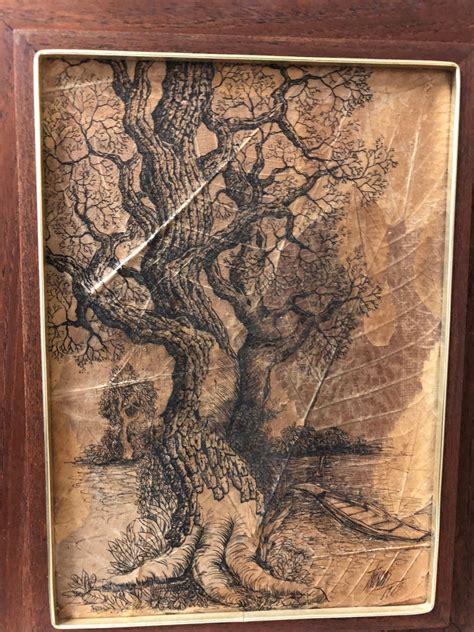 Original Pen Ink Drawing Of Trees And Canoe On Real Leaves Etsy