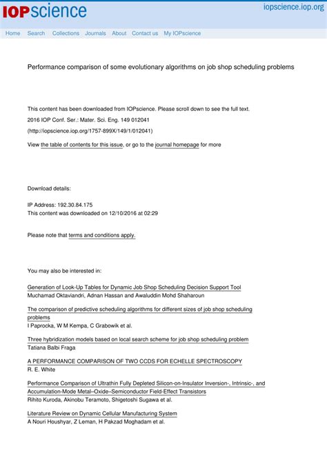 pdf performance comparison of some evolutionary algorithms on job shop scheduling problems