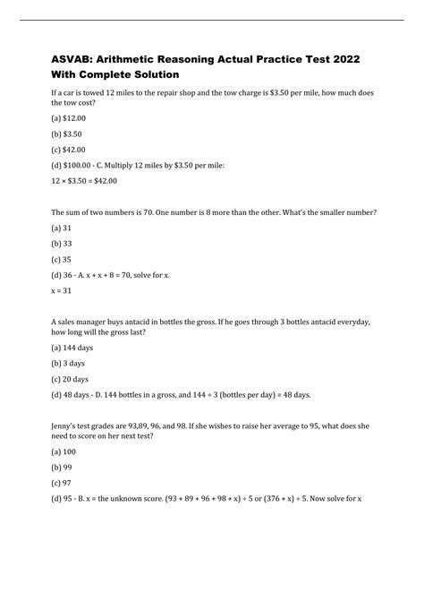 Asvab Arithmetic Reasoning Actual Practice Test 2022 With Complete