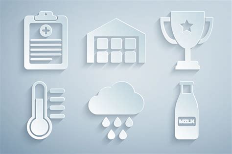 비 트로피 컵 온도계 유리 병 우유와 모자 창고 및 임상 기록 아이콘으로 구름을 설정합니다 벡터 1위에 대한 스톡 벡터 아트 및 기타 이미지 Istock