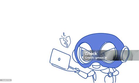 노트북 컴퓨터 해커 봇 데이터 도난 개념 스케치 낙서 수평 벡터 일러스트 레이 션을 해킹 하는 로봇 마스크 가상현실에 대한 스톡