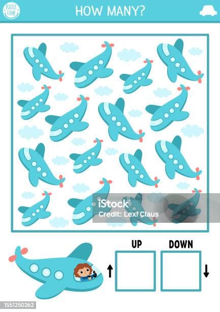 아이들을 위한 위아래 개념의 교통 논리 게임 나는 비행기로 활동을 검색하고 계산하는 것을 감시합니다 전송 인쇄 가능한 공간 방향 워크시트입니다 간단한 스포팅 퍼즐 개념에