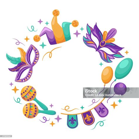 마디 그라와 카니발을 기념하는 생생한 원형 프레임은 화려한 마스크 광대 모자 축제 풍선 마라카스 활기찬 화환으로 장식되어 있습니다 축제 초대장 및 장식에 적합합니다