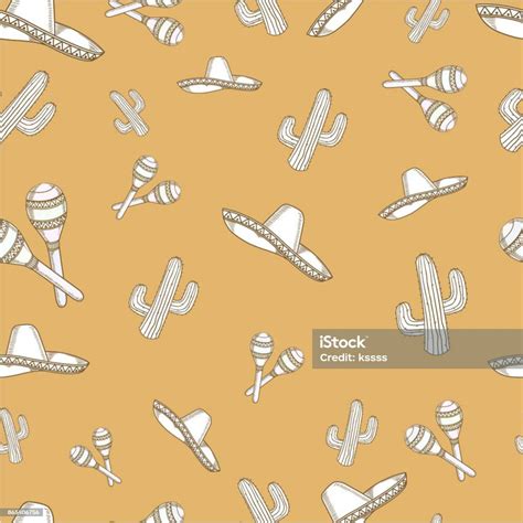 솜브레로 모자 마라 카스와 멕시코 벡터 완벽 한 패턴입니다 벽지 패턴 채우기 웹 페이지 배경 섬유에 대 한 완벽 한 두개골에