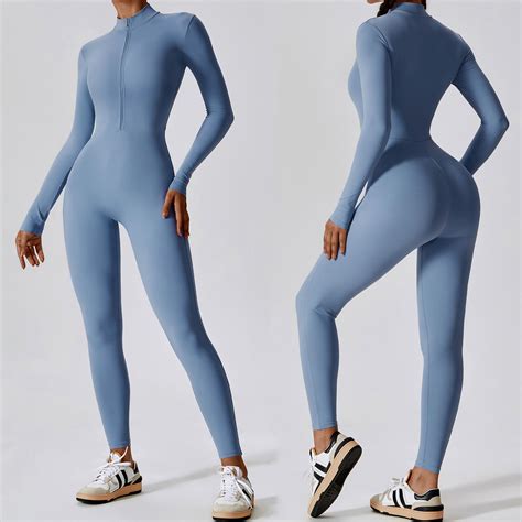 Factory Wholesale Long Sleeve Zip Up Full Length Romper Playsuit Bodycon Unitard One Piece Yoga