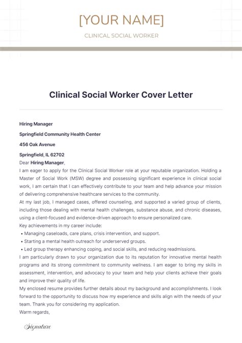 Free Clinical Social Worker Cover Letter Template To Edit Online