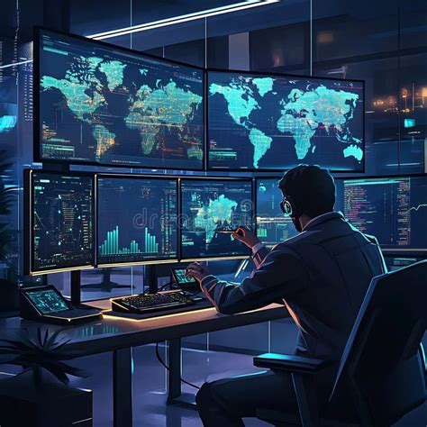 real time global data analytics dashboard in high tech control room stock illustration