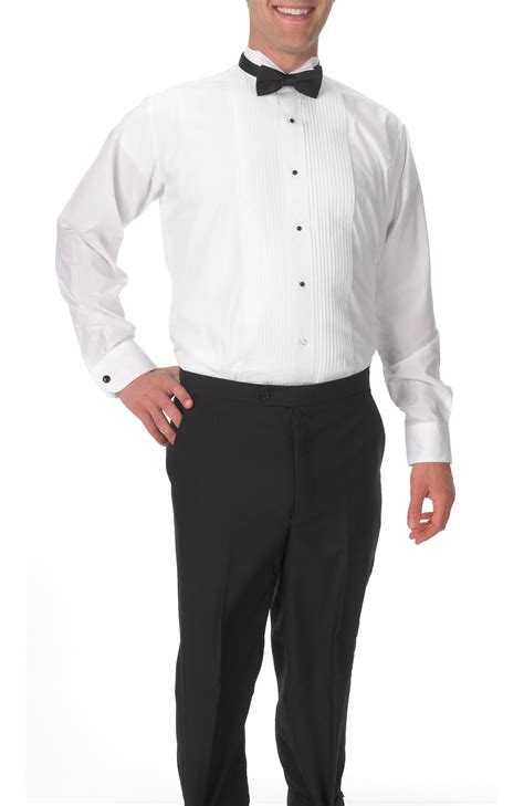 Mens White Wing Tip Collar Long Sleeve Tuxedo Shirt With ¼″ Pleats