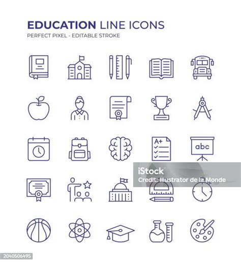 교육 편집 가능한 선 아이콘 세트에는 책 학용품 사과 교사 교육 시험 미술 수업 교실 학교 건물 등과 같은 아이콘이 포함되어