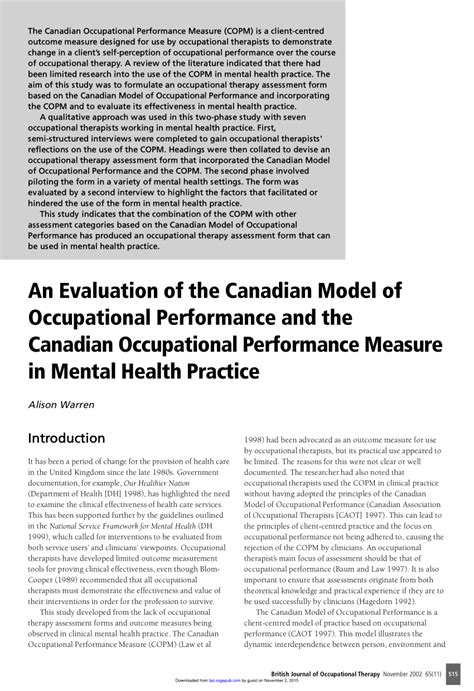Pdf An Evaluation Of The Canadian Model Of Occupational Performance