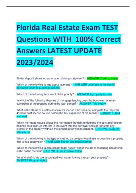 Florida Real Estate Exam Test Questions With 100 Correct Answers