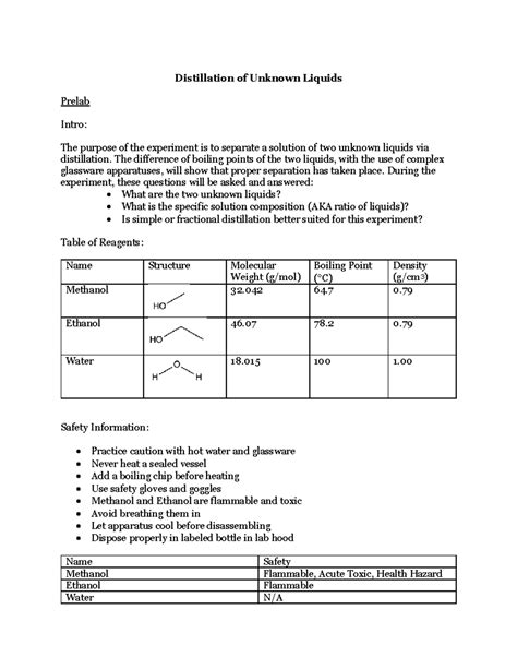 Distillation Lab Report Studoc Distillation Of Unknown Liquids Prelab Intro The Purpose Of